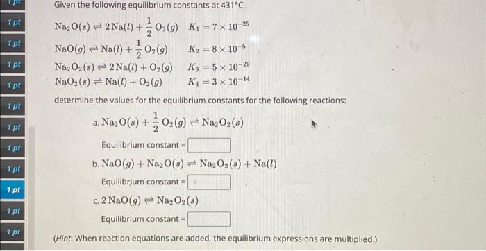 Solved Given the following equilibrium constants at 431∘C, | Chegg.com
