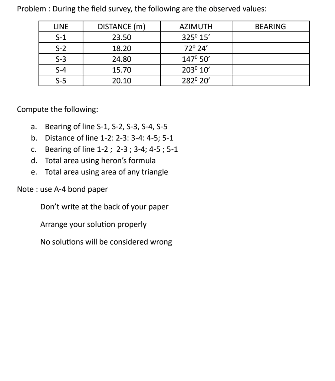 Solved Problem : During the field survey, the following are | Chegg.com