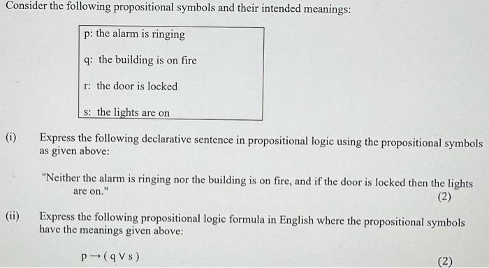 Solved Consider The Following Propositional Symbols And