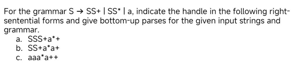 Solved For the grammar S→SS+∣SS∗∣a, indicate the handle in | Chegg.com