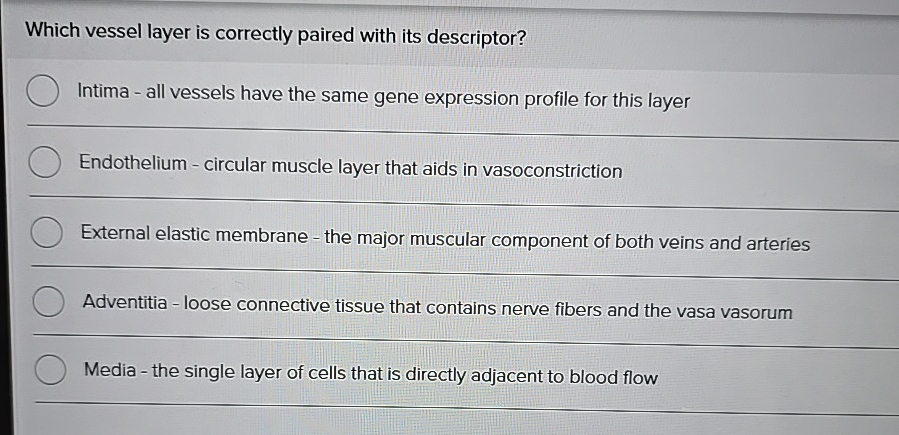 Solved Which vessel layer is correctly paired with its | Chegg.com