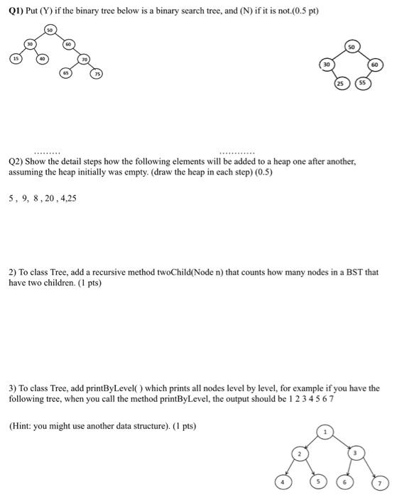 Solved Q1) Put (Y) if the binary tree below is a binary | Chegg.com
