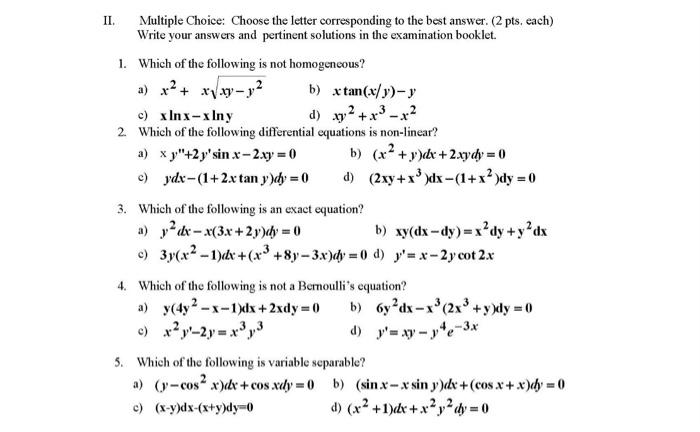 Solved II. Multiple Choice: Choose the letter corresponding | Chegg.com