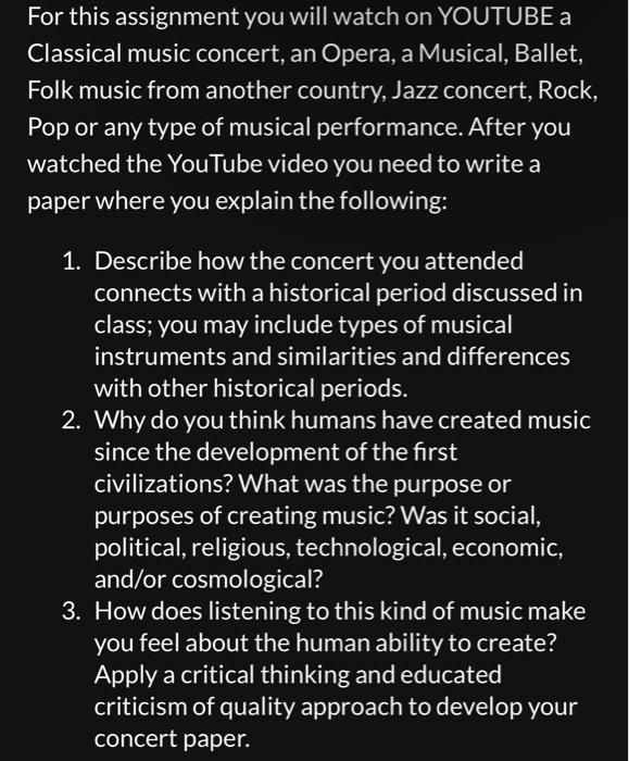 For this assignment you will watch on YOUTUBE a | Chegg.com