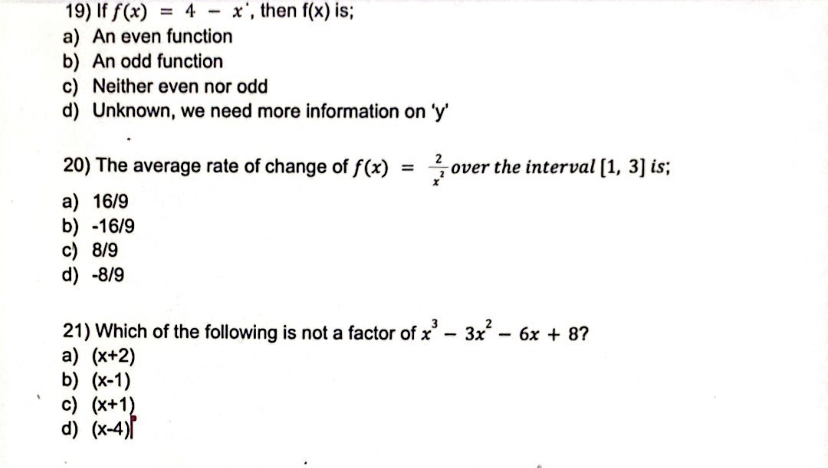 Solved If f(x)=4-x, ﻿then f(x) ﻿is;a) ﻿An even functionb) | Chegg.com