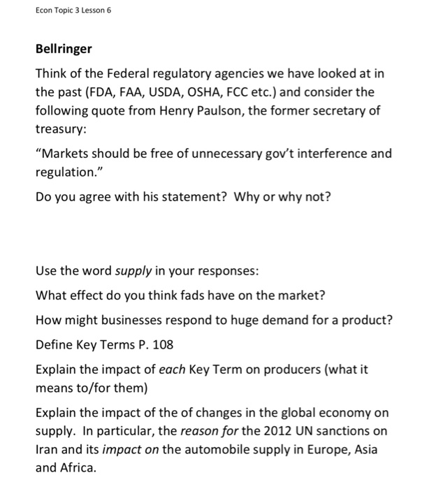 Solved Econ Topic 3 Lesson 5 Bellringer: _You run a | Chegg.com