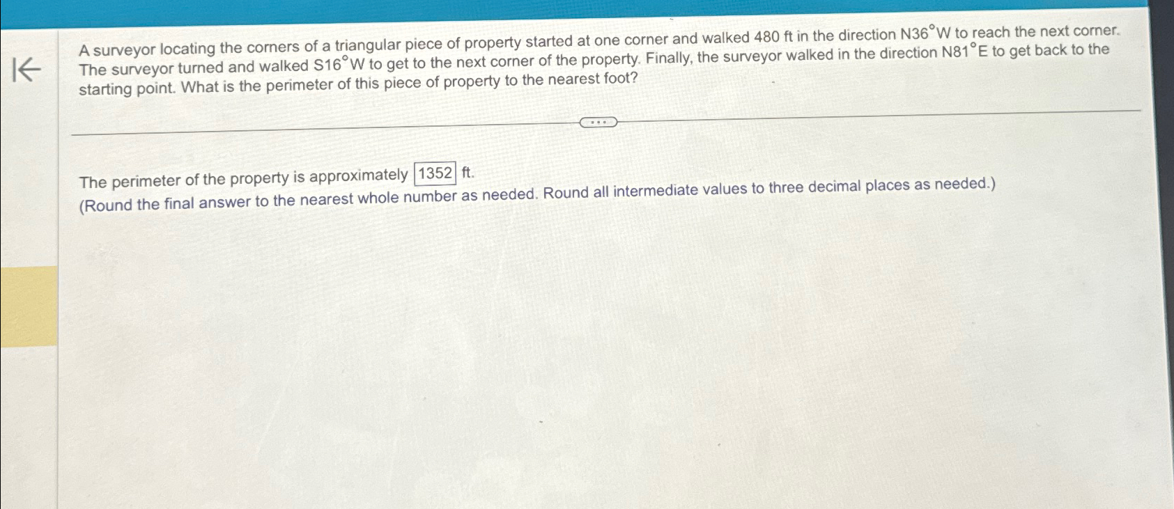Solved A surveyor locating the corners of a triangular piece | Chegg.com