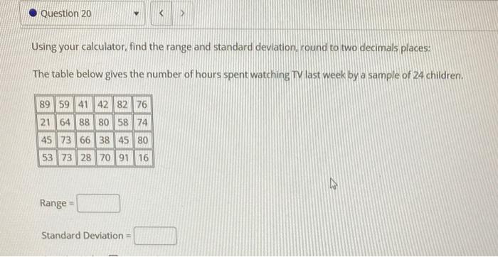 Solved Question 20 Using your calculator, find the range and | Chegg.com
