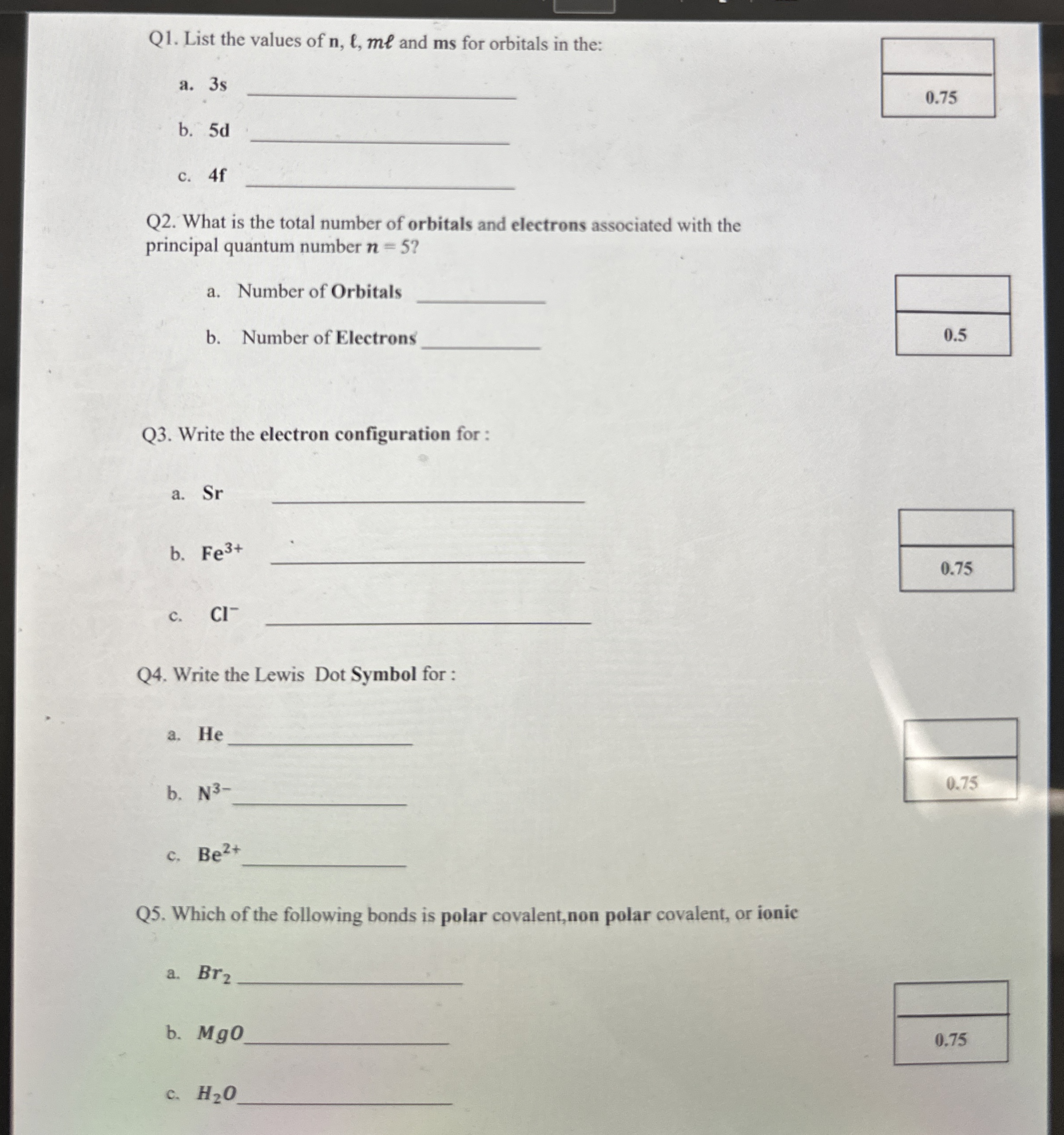 Solved Q1. ﻿List the values of n,l,mm ﻿and ms for orbitals | Chegg.com