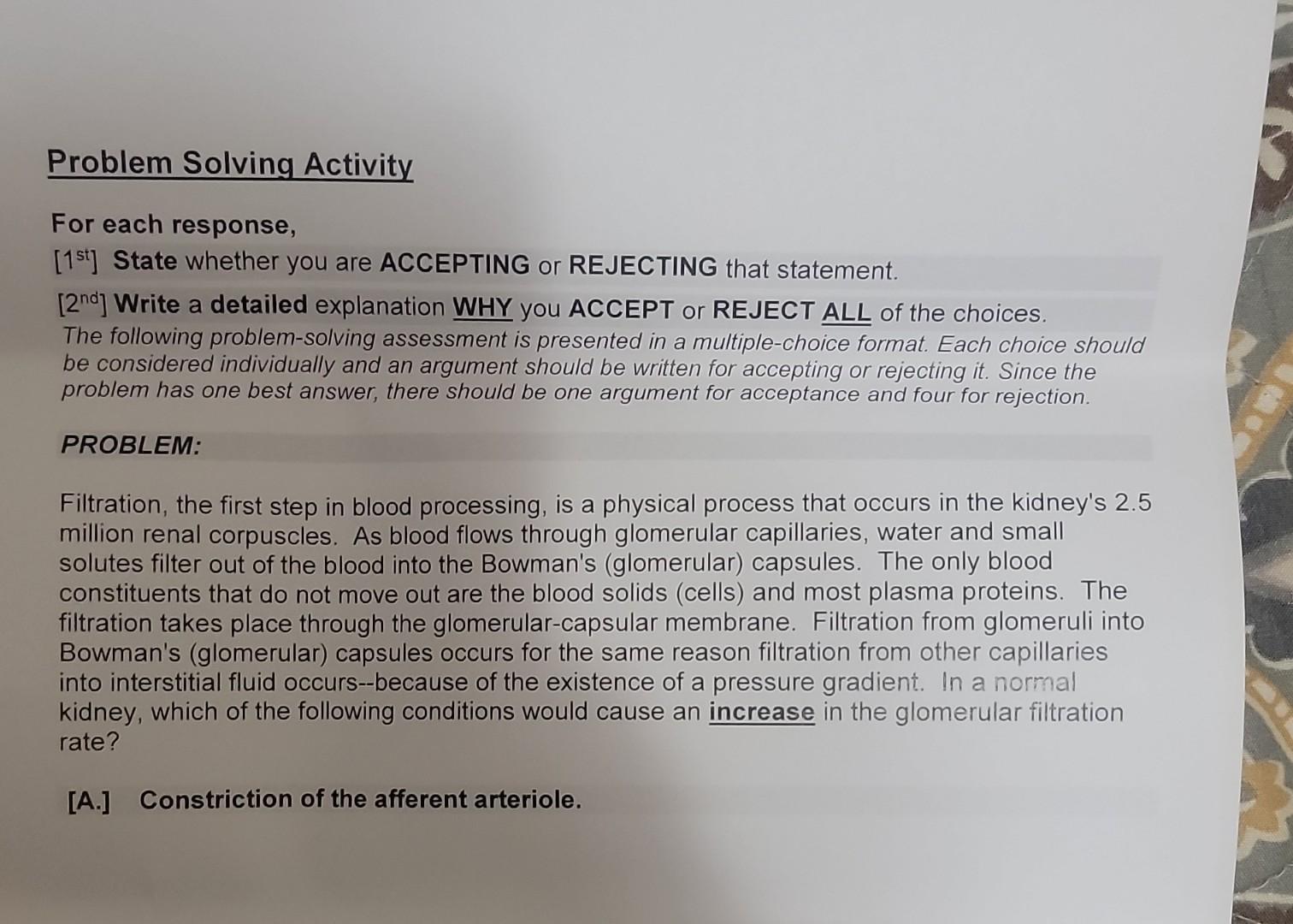 Filtration, the first step in blood processing, is a | Chegg.com