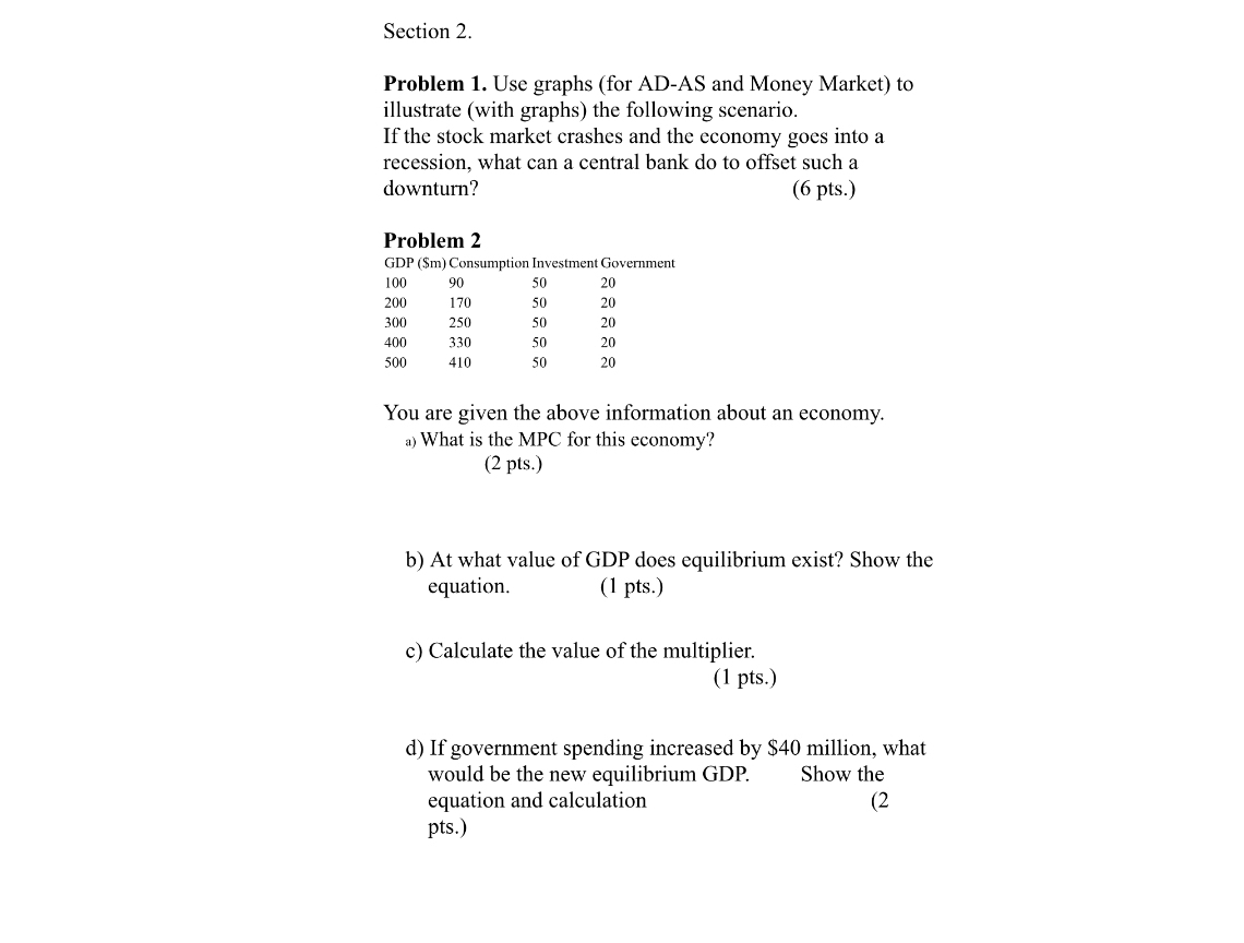 Solved Section 2.Problem 1. ﻿Use graphs (for AD-AS and Money | Chegg.com