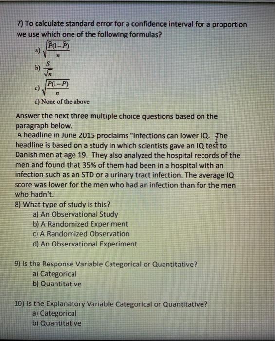 Solved 7) To calculate standard error for a confidence | Chegg.com