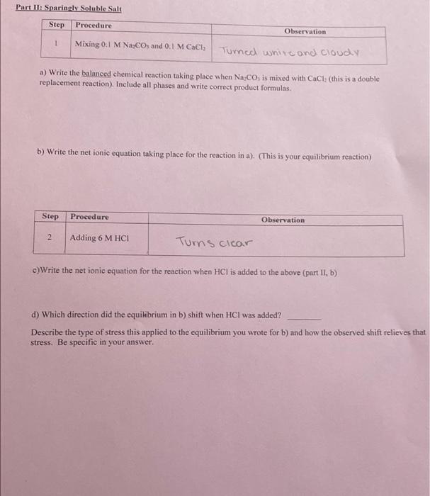 Solved Part II: Sparingly Soluble Salt Step Procedure | Chegg.com
