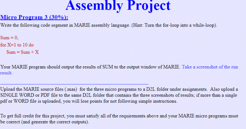 Solved Assembly ProjectMicro Program 3(30%) ﻿:Write the | Chegg.com