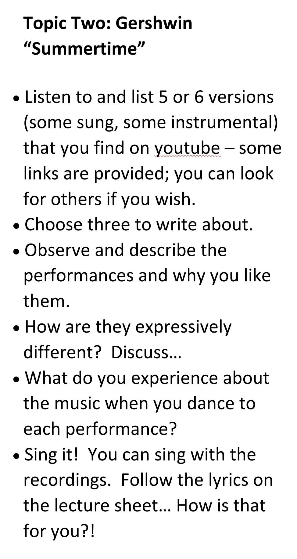 Topic Two: Gershwin "Summertime" - Listen to and list | Chegg.com