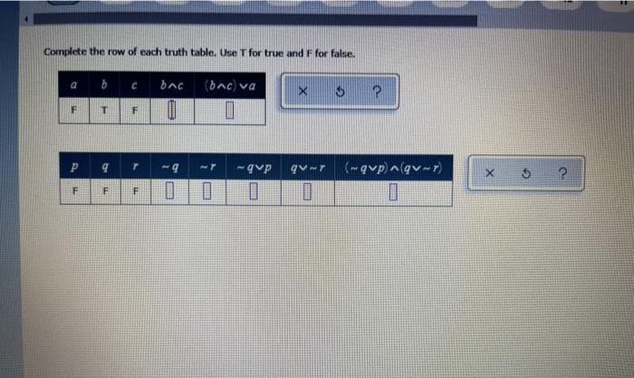 Solved Complete the row of each truth table. Use T for true | Chegg.com
