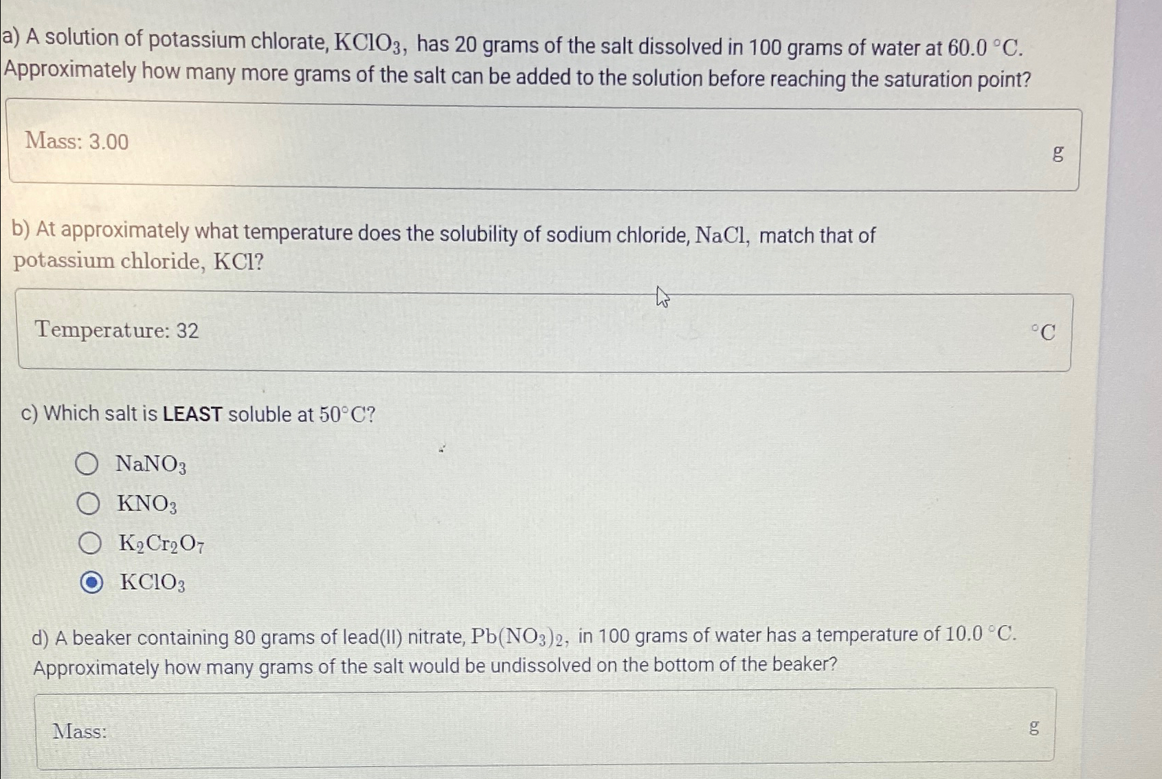 Solved a) ﻿A solution of potassium chlorate, KClO3, ﻿has 20 | Chegg.com