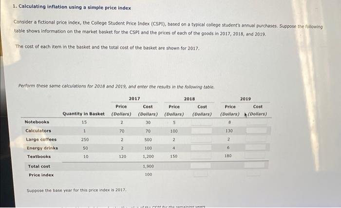 Solved 1. Calculating inflation using a simple price index | Chegg.com