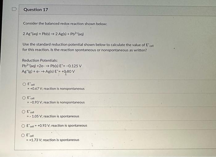 Solved Consider the balanced redox reaction shown below: | Chegg.com