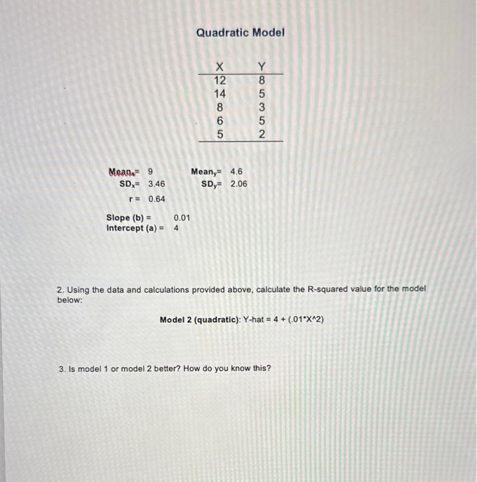 Solved Quadratic Model Mean x=9 Mean | Chegg.com