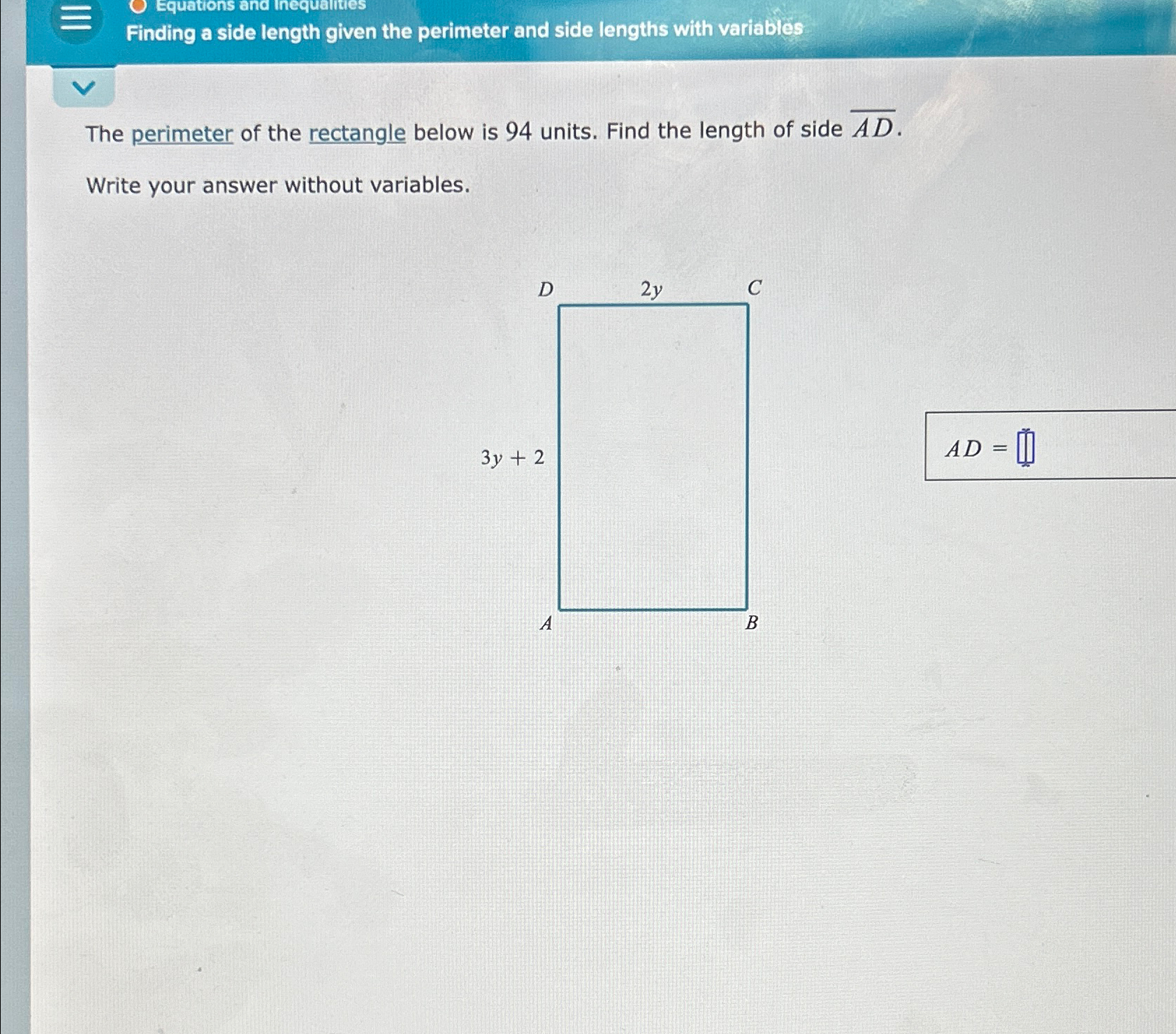 Solved Finding a side length given the perimeter and side | Chegg.com