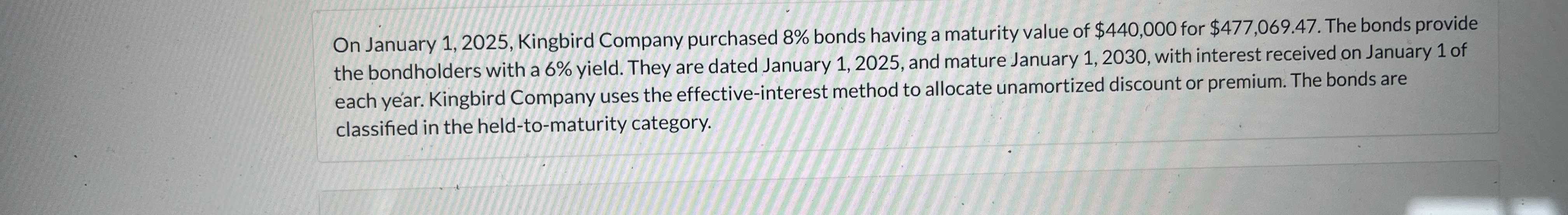 On January 1, 2025, Kingbird Company purchased 8% | Chegg.com On January 1, 2025, Kingbird Company purchased 8% | Chegg.com