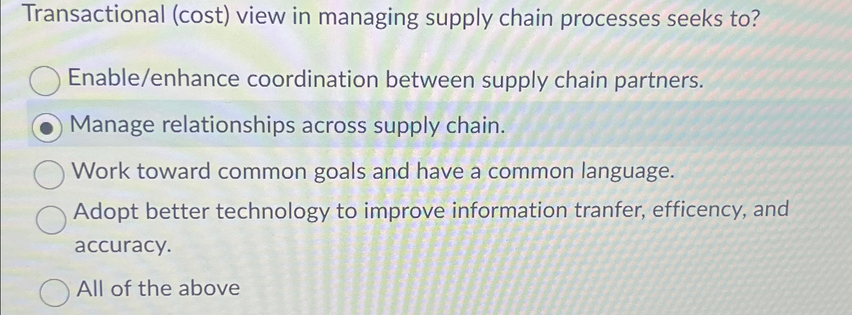 Solved Transactional (cost) ﻿view in managing supply chain | Chegg.com
