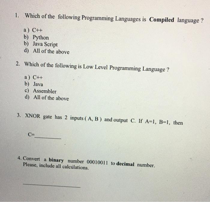 Solved 1. Which of the following Programming Languages is | Chegg.com