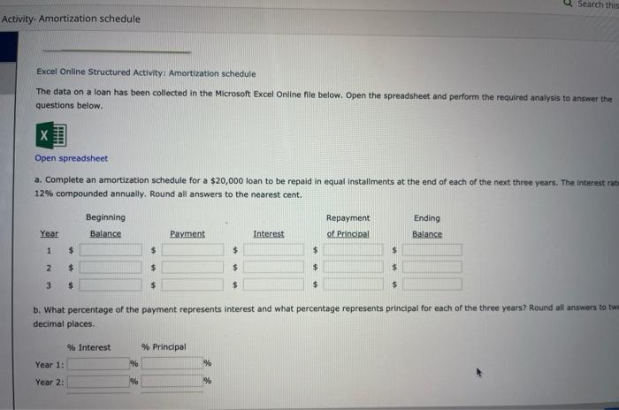 Solved Excel Online Structured Activity: Amortization | Chegg.com