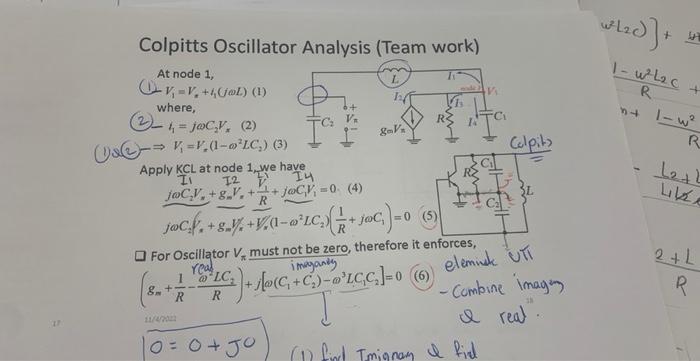 Solved Colpitts Oscillator Analysis (Team work) At node 1, | Chegg.com