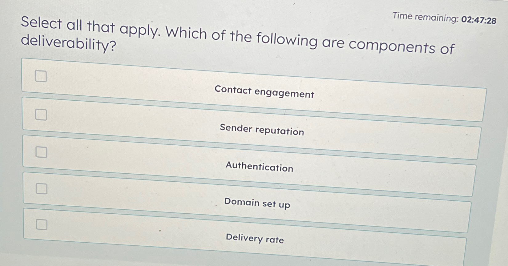 Solved Time remaining: 02:47:28Select all that apply. Which | Chegg.com
