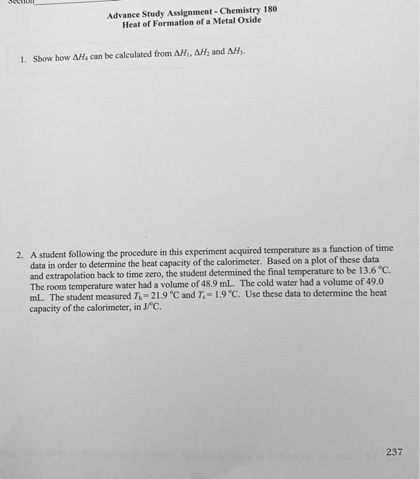 Solved Advance Study Assignment - Chemistry 180 Heat of | Chegg.com