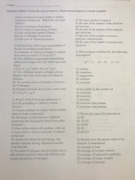 Solved Name: Multiple Choice. Circle the correct answer. | Chegg.com
