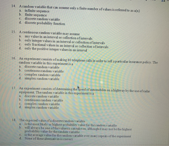 Solved 14. A random variable that can assume only a finite | Chegg.com