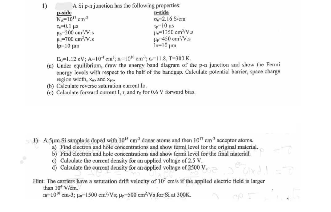 Solved A Si p-n junction has the following properties: | Chegg.com