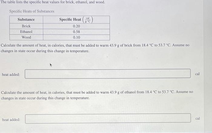 Solved The table lists the specific heat values for brick, | Chegg.com