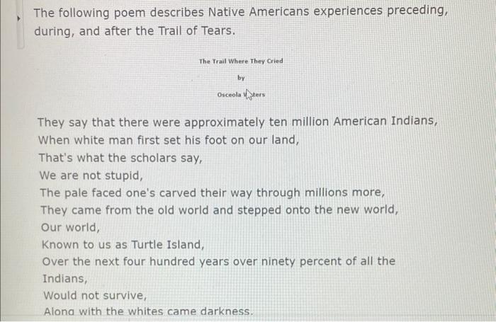 The following poem describes Native Americans | Chegg.com