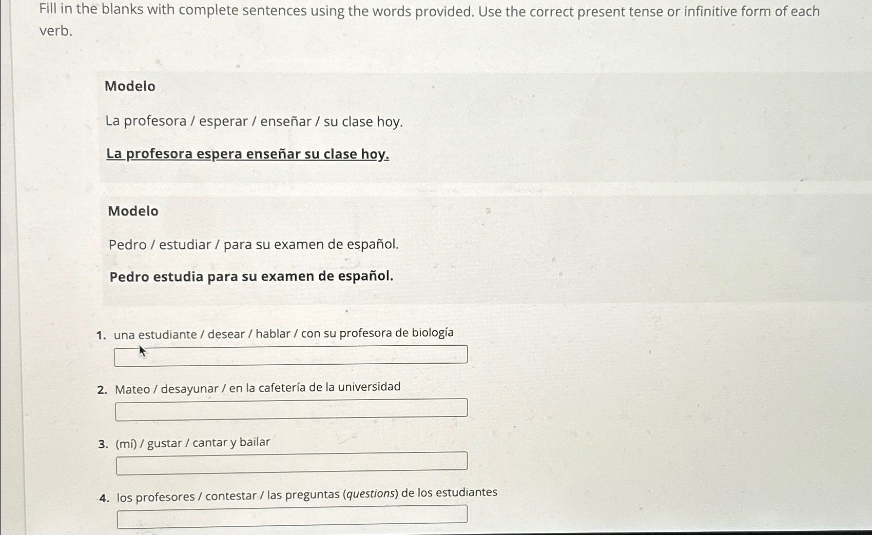 Solved Fill in the blanks with complete sentences using the | Chegg.com