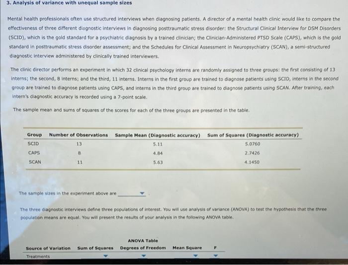 Solved 3. Analysis of variance with unequal sample sizes | Chegg.com
