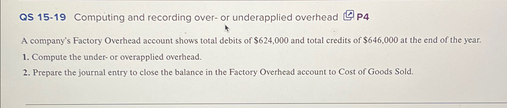Solved QS 15-19 ﻿Computing and recording over- ﻿or | Chegg.com