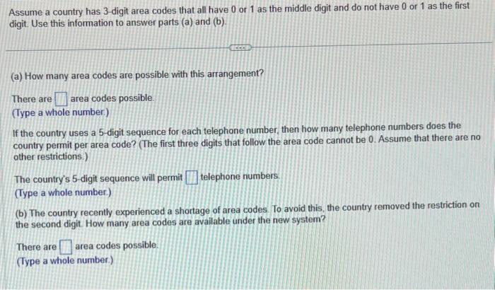 Solved Assume a country has 3 -digit area codes that all | Chegg.com