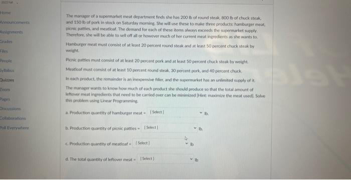 Solved whight.The manaser of a supermarket meat department | Chegg.com