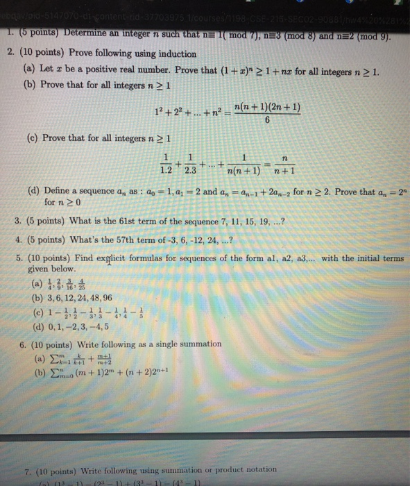 Solved 1. (5 points) Determine an integer 11 such that n= | Chegg.com