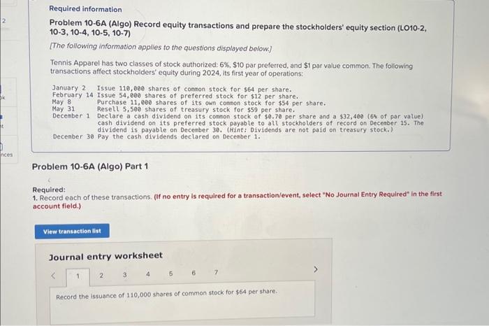 Solved Required information Problem 10-6A (Algo) Record | Chegg.com