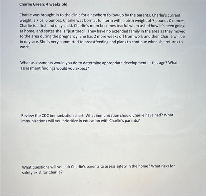 Solved Charlie Green: 4 weeks old Charlie was brought in to | Chegg.com