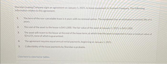 Solved Sheridan Leasing Company signs an agreement on | Chegg.com