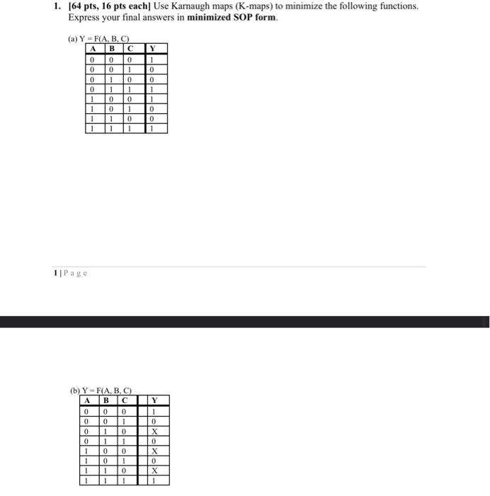 Solved 1. [64 pts, 16 pts each] Use Karnaugh maps ( K-maps) | Chegg.com