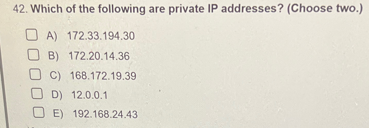 Solved Which of the following are private IP addresses? | Chegg.com