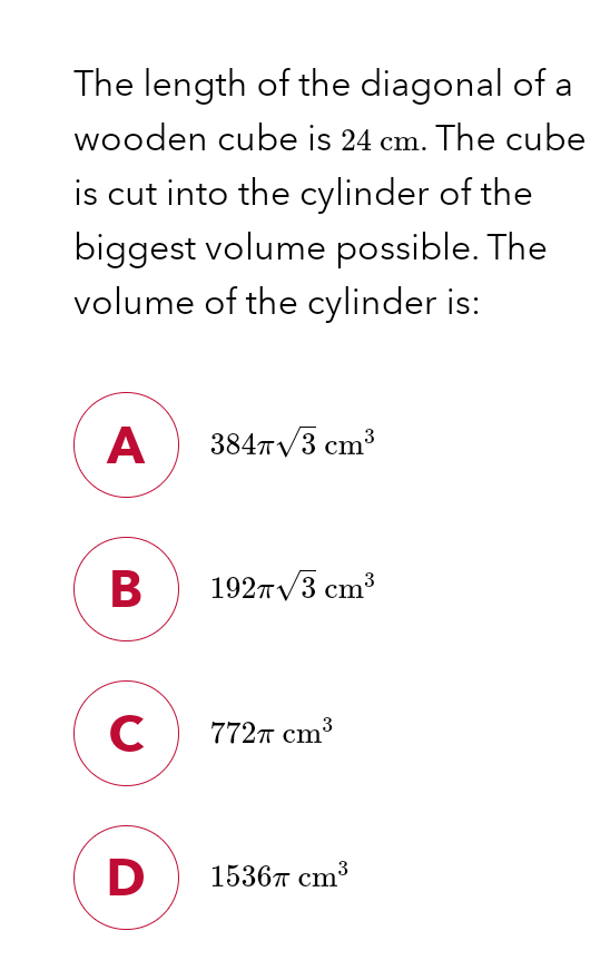 Solved The length of the diagonal of a wooden cube is 24 cm. | Chegg.com
