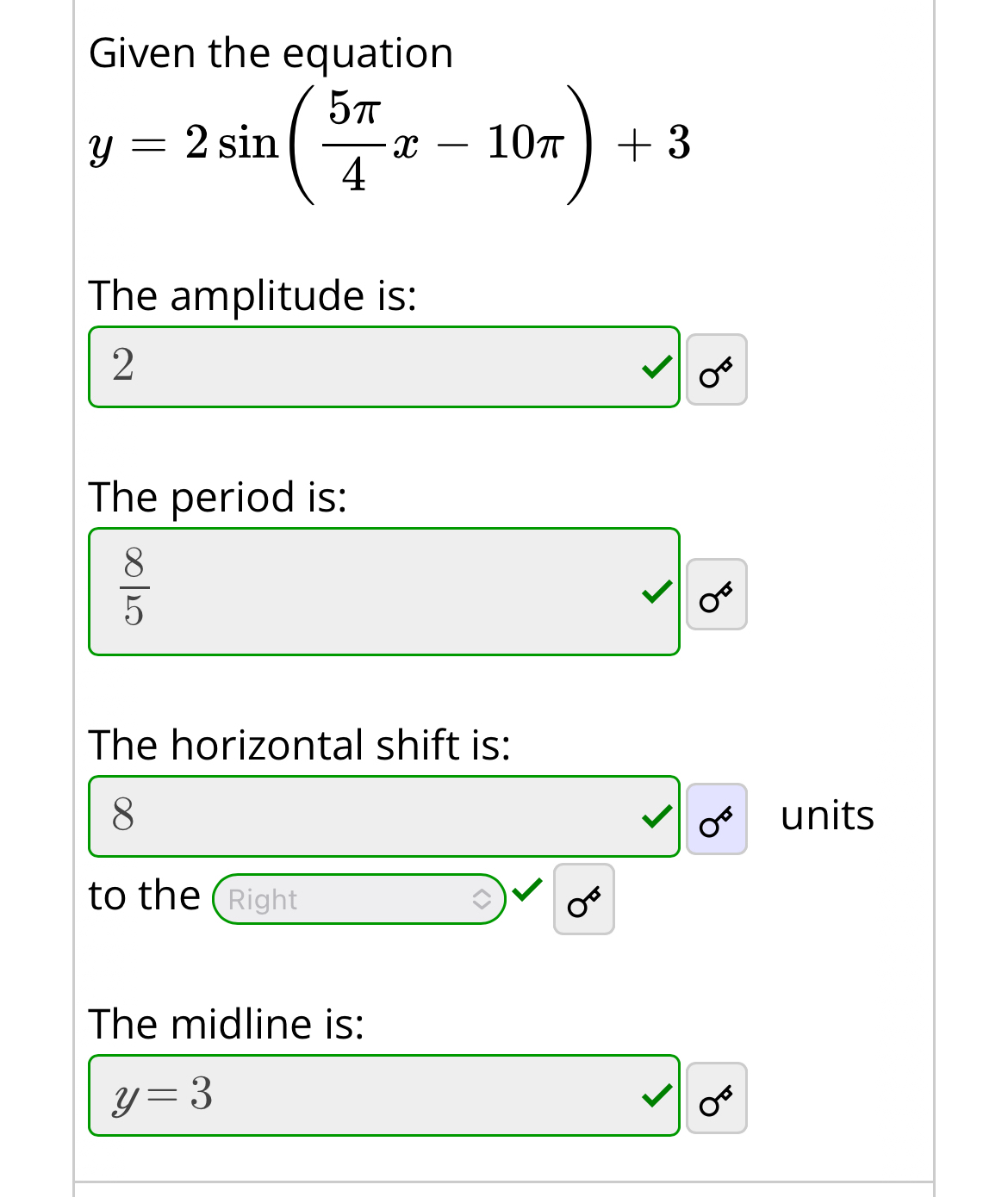 Solved Given the equationy=2sin(5π4x-10π)+3The amplitude | Chegg.com